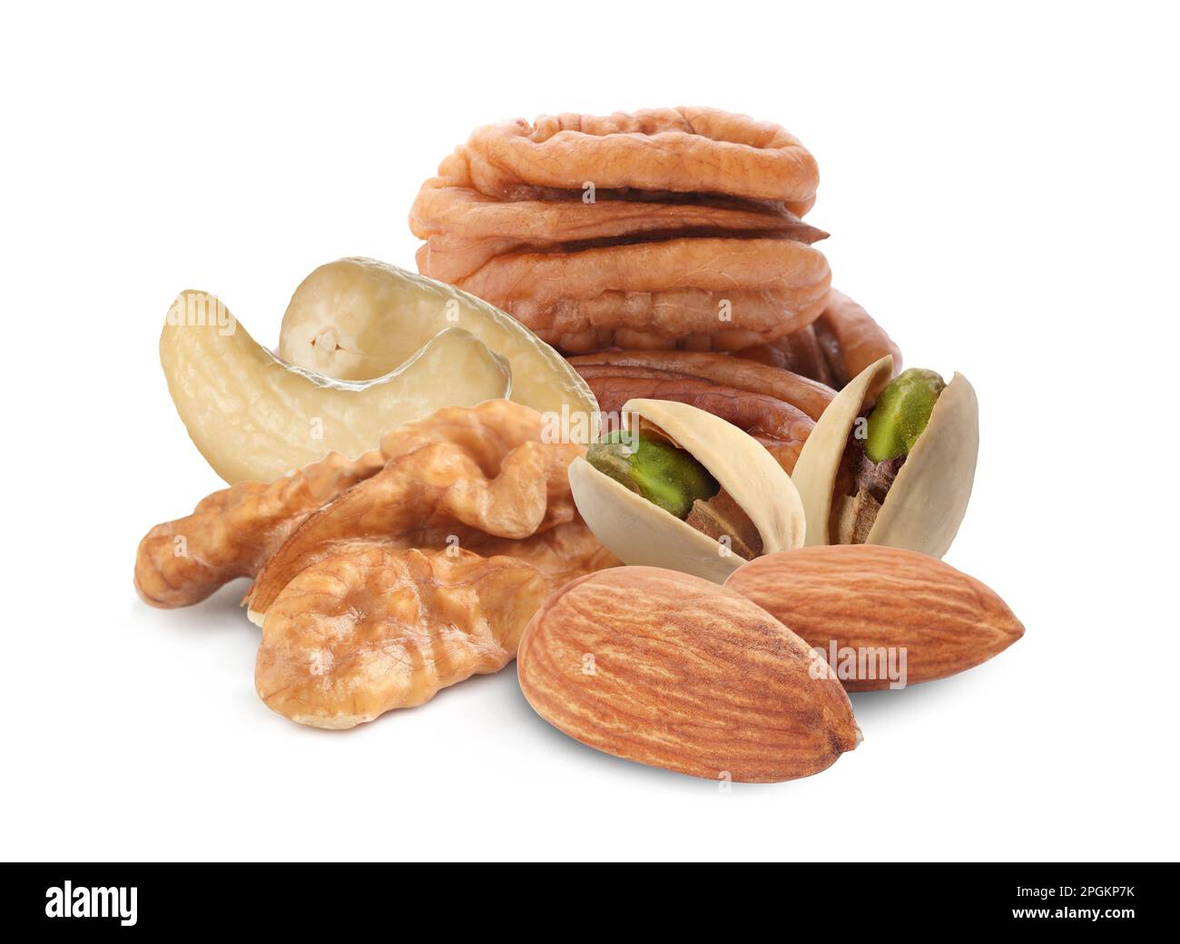 Mix of tasty organic nuts on white background Stock Photo - Alamy