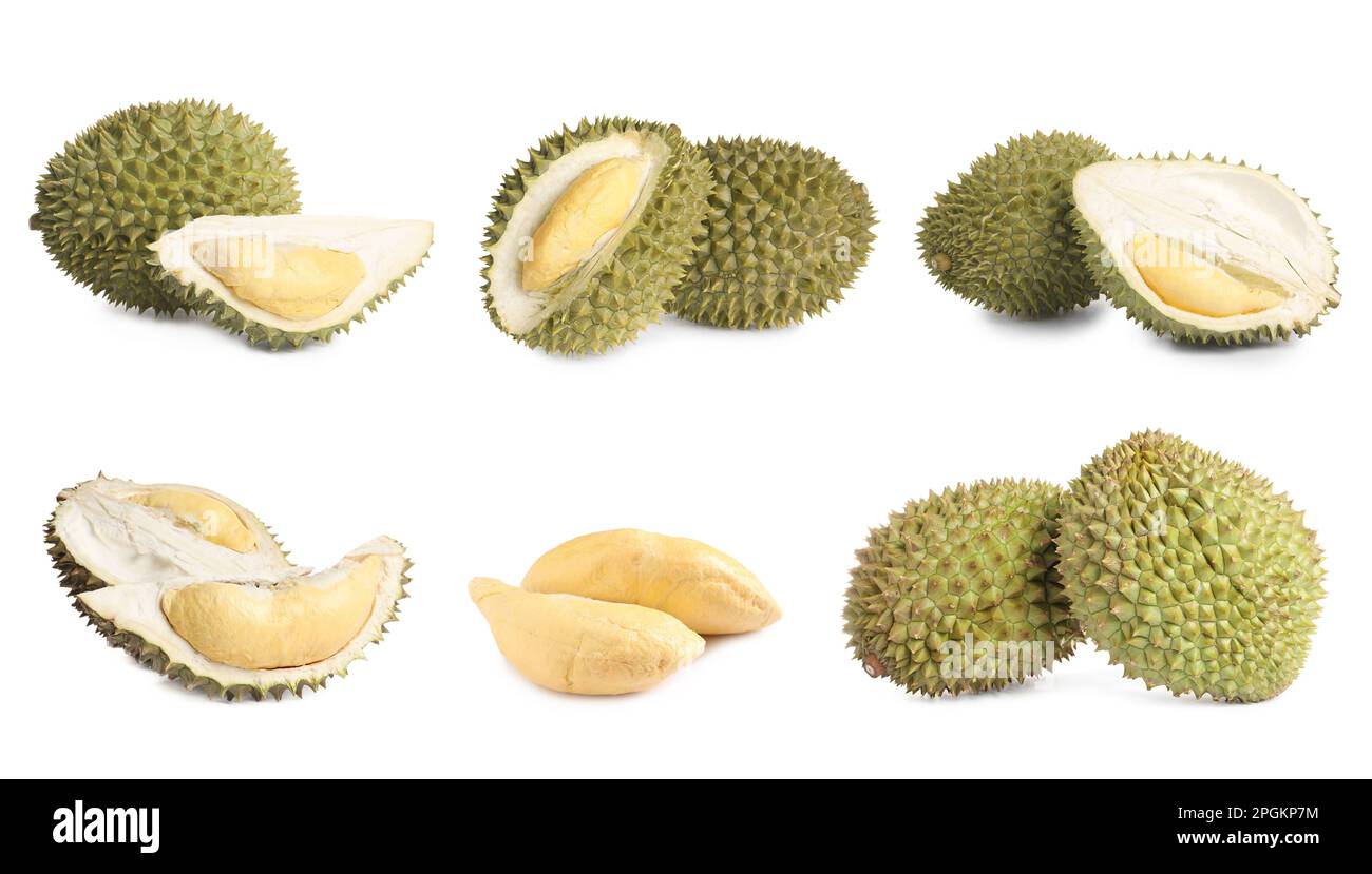 Set with ripe durians on white background Stock Photo - Alamy