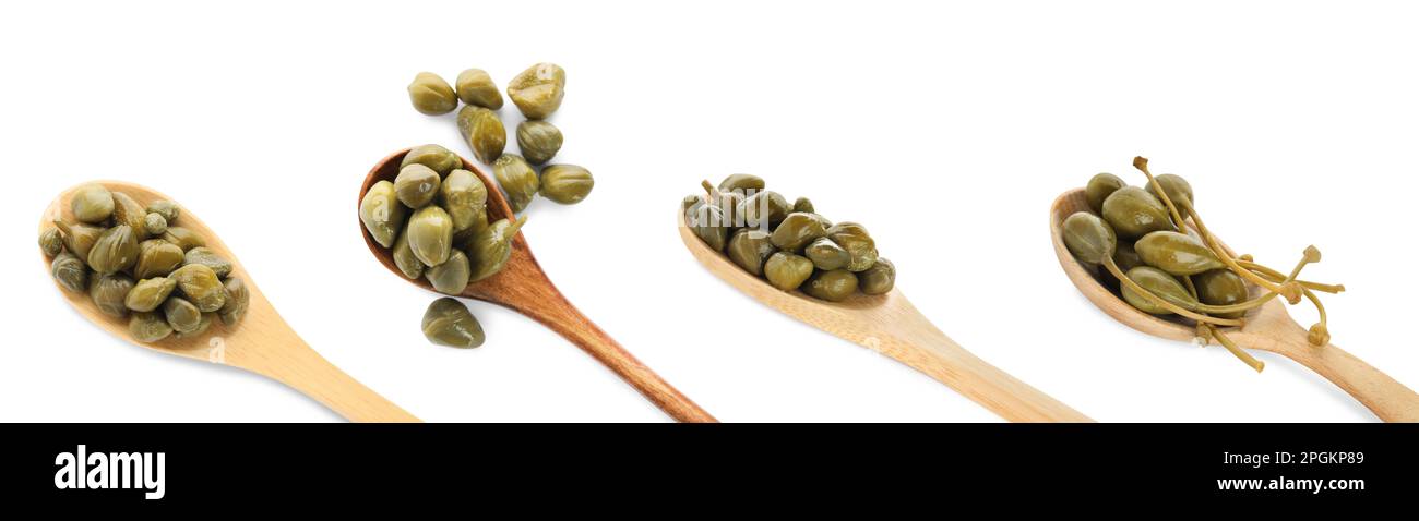 Set with pickled capers on white background. Banner design Stock Photo ...