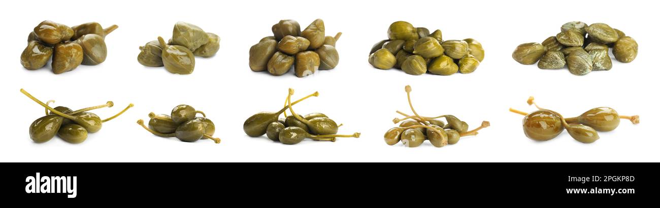 Set with pickled capers on white background. Banner design Stock Photo ...