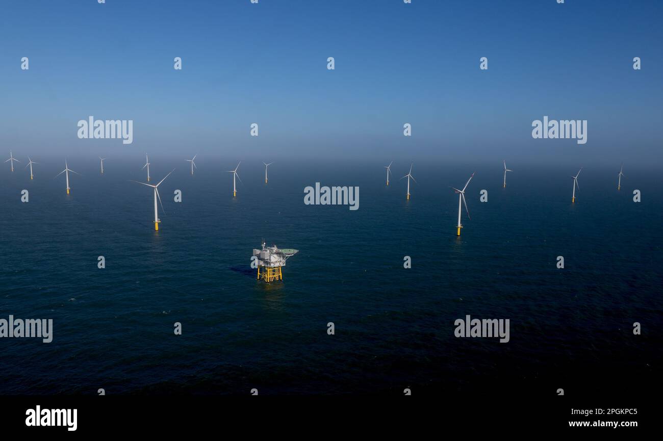 Helgoland, Germany. 23rd Mar, 2023. Numerous wind turbines, including ...