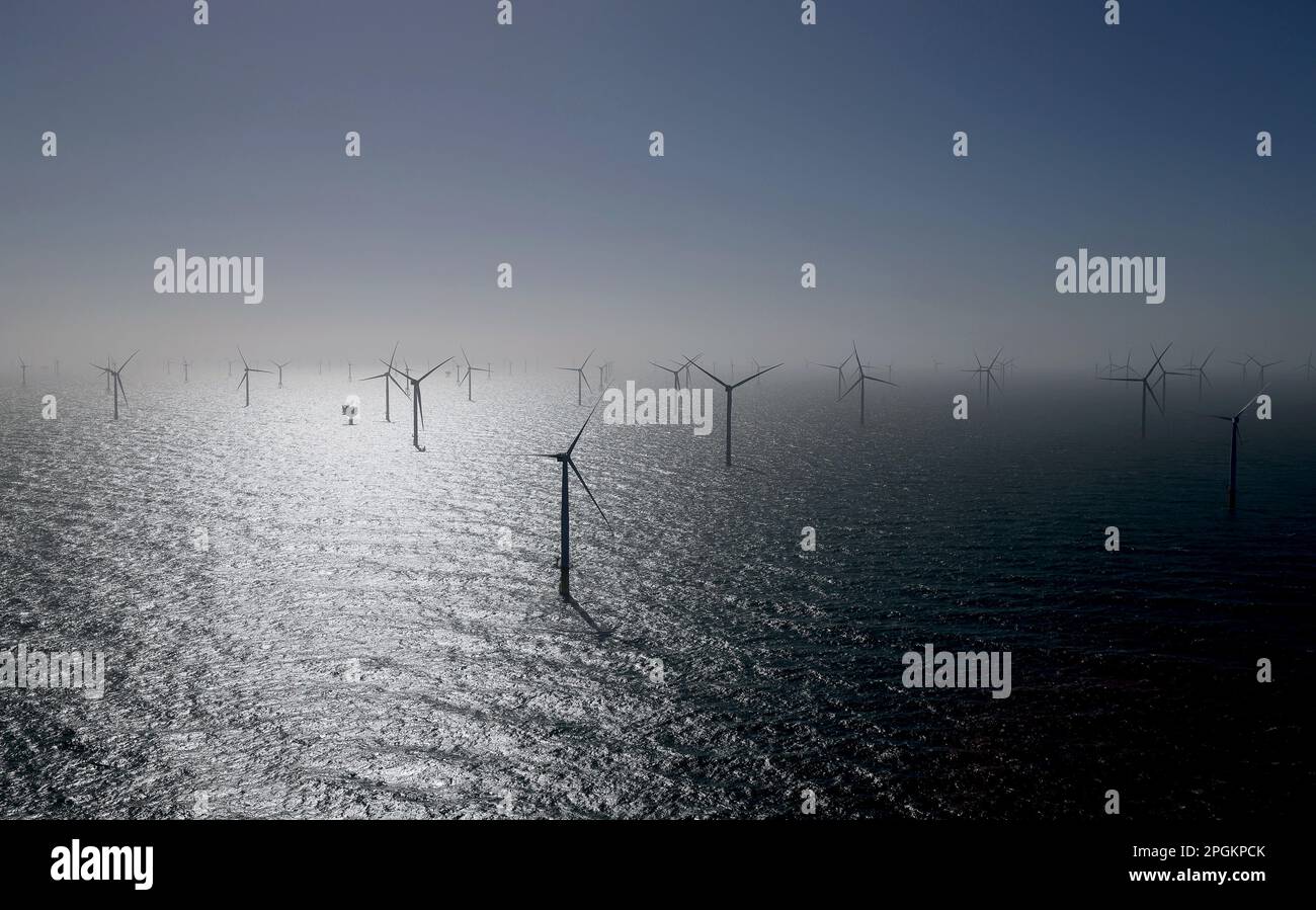 Helgoland, Germany. 23rd Mar, 2023. Numerous wind turbines, including ...