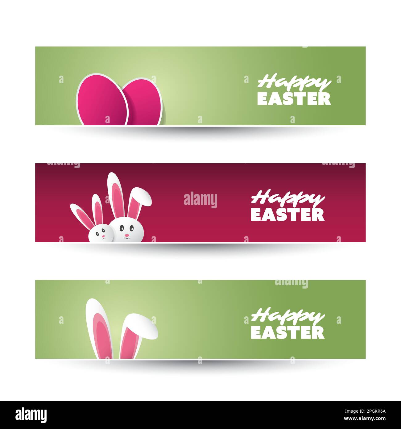 Happy Easter Banner, Header Set Design With Eggs And Bunnies Stock ...