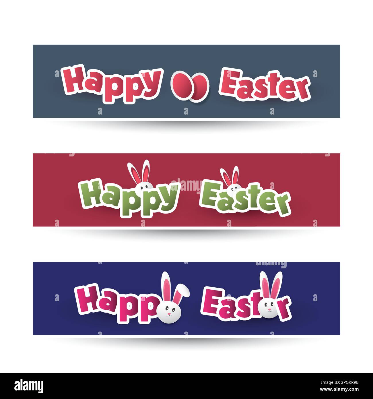 Happy Easter Banner, Header Set Design With Eggs And Bunnies Stock ...