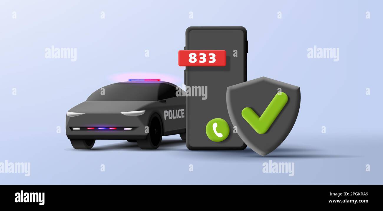 Police car SUV 3d render vector with shield andsmartphone with call ...