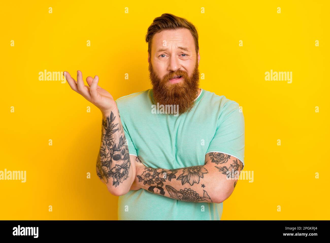 Photo of upset unsatisfied man showing hand arm arguing speaking ...