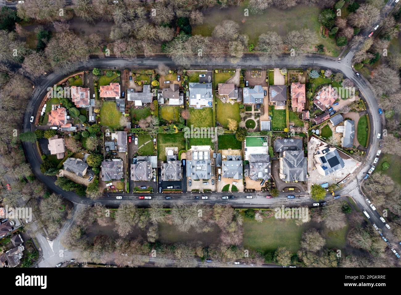 An aerial view directly above a circular housing development with ...