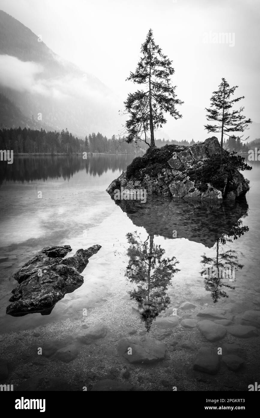 Trees on a rock island in BW - Lake Hintersee, Bavaria, Germany Stock ...