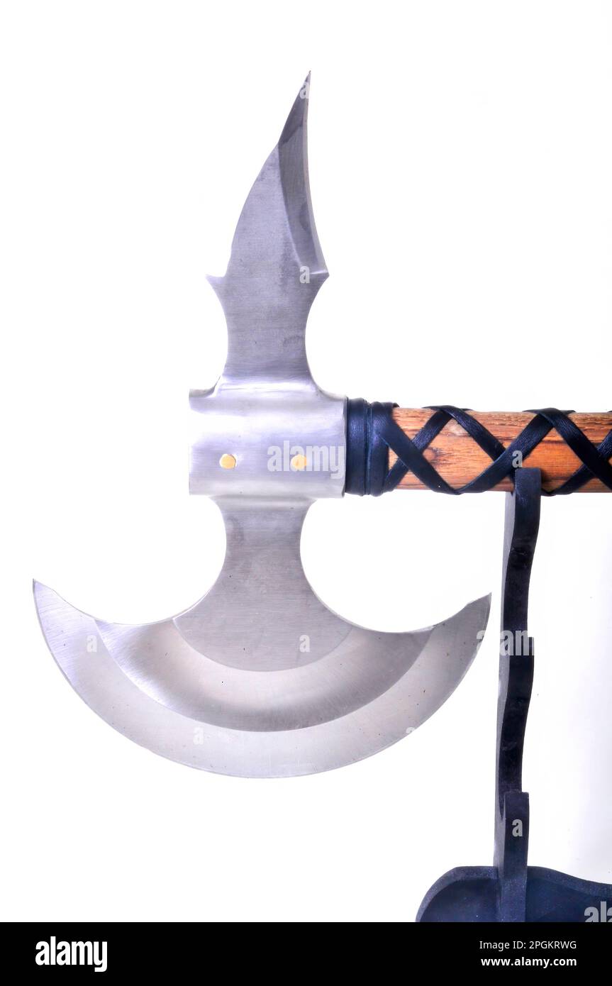 Double blade battle axe Isolated over white resting on a display rack ...