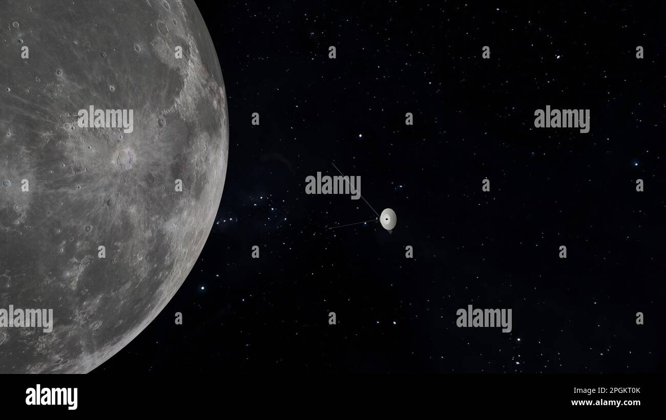 Space probe flying near the moon. 3D render Stock Photo - Alamy