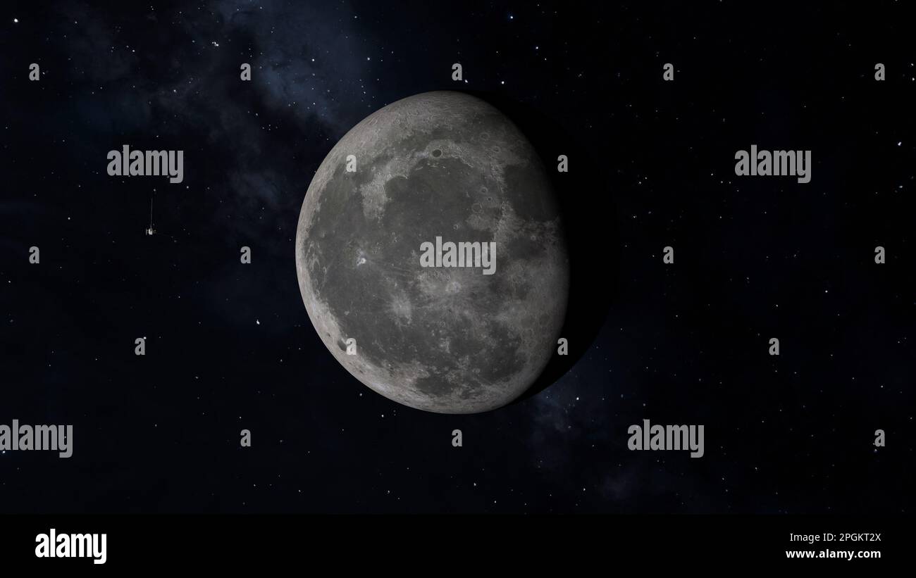 Space probe flying near the moon. 3D render Stock Photo - Alamy