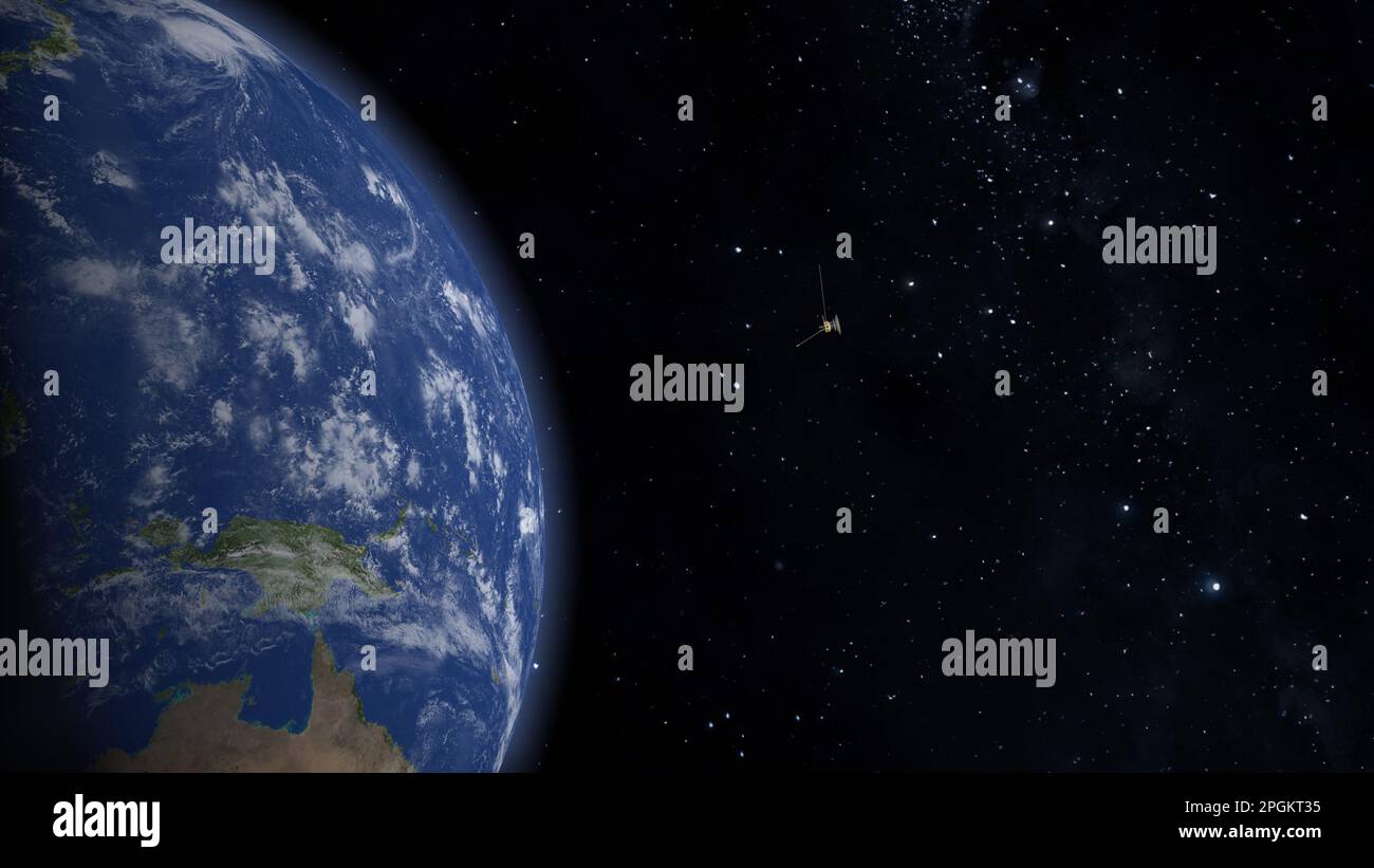 Space probe flying near Earth. Space exploration Stock Photo - Alamy