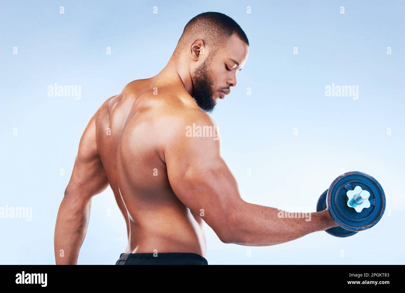 Black man, fitness and bodybuilder, weightlifting with dumbbell and ...