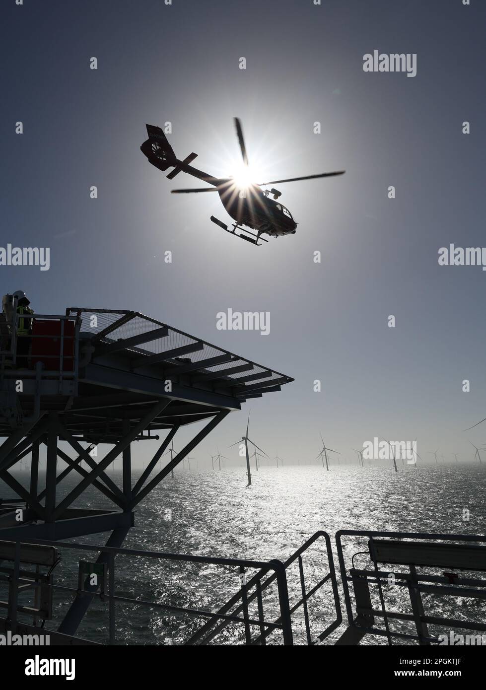 Helgoland, Germany. 23rd Mar, 2023. A helicopter takes off from the ...