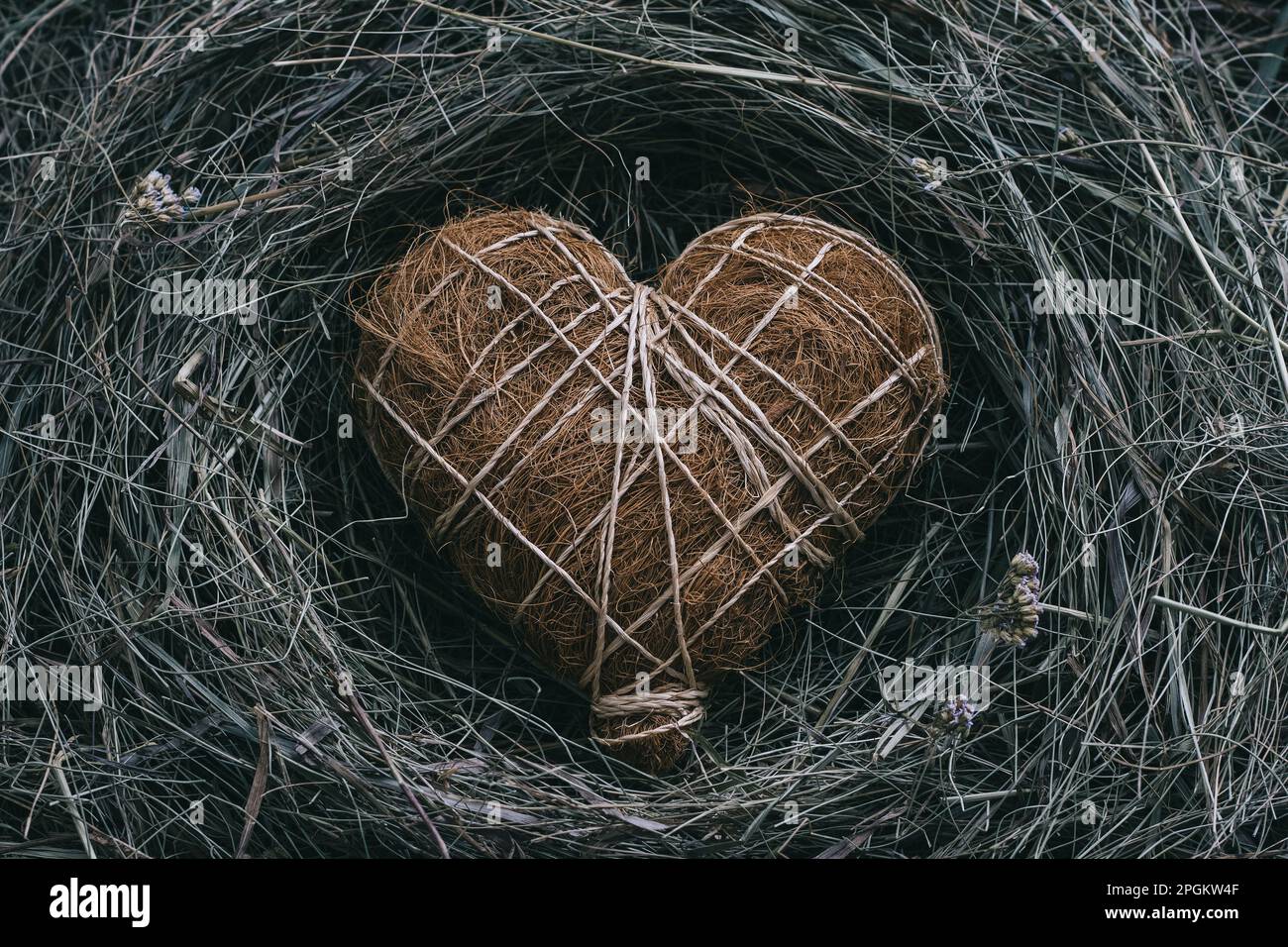 Straw heart on natural straw background, rustic style, top view, toned ...