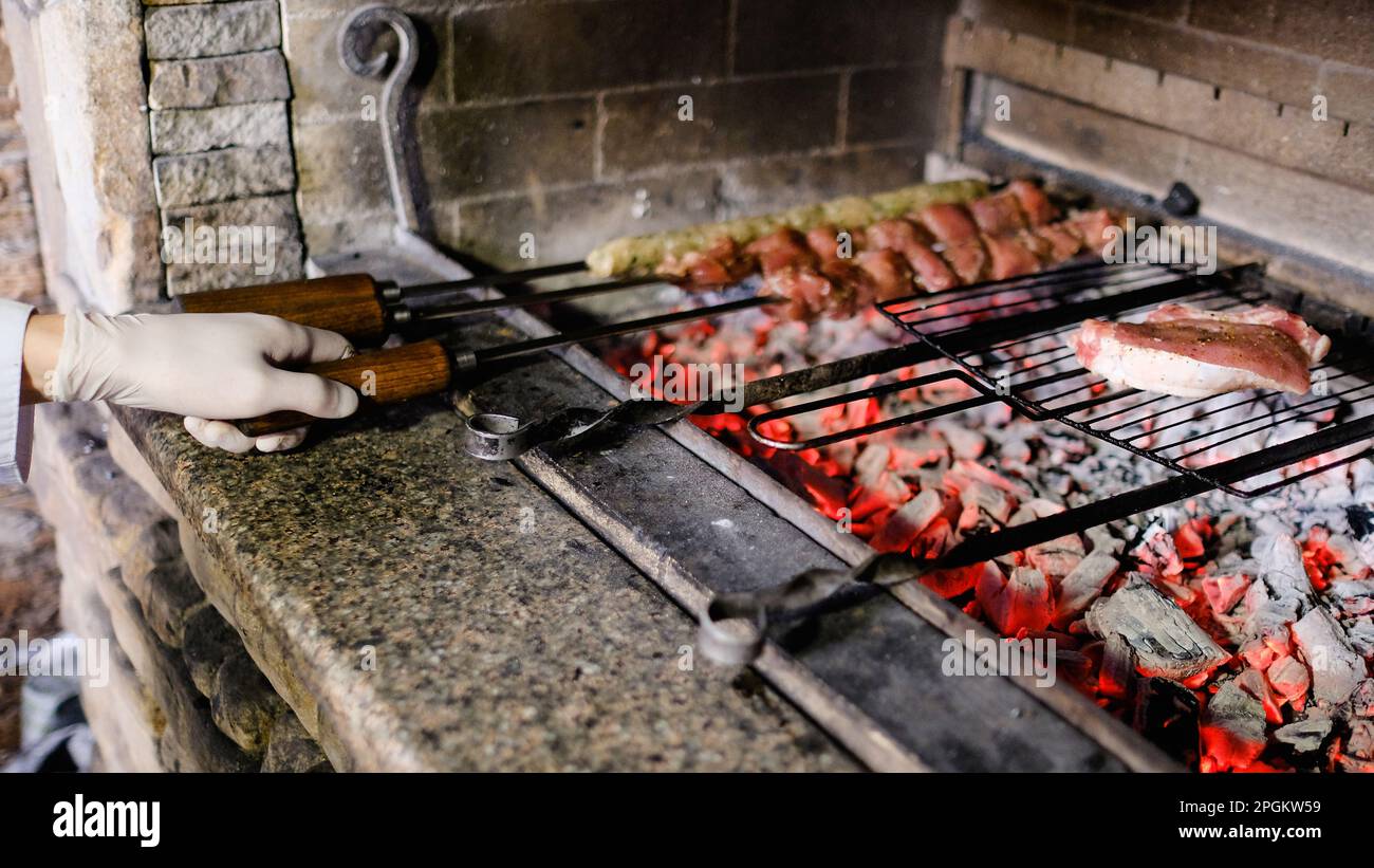 grilled meat cooking bbq charred steak shashlik Stock Photo - Alamy