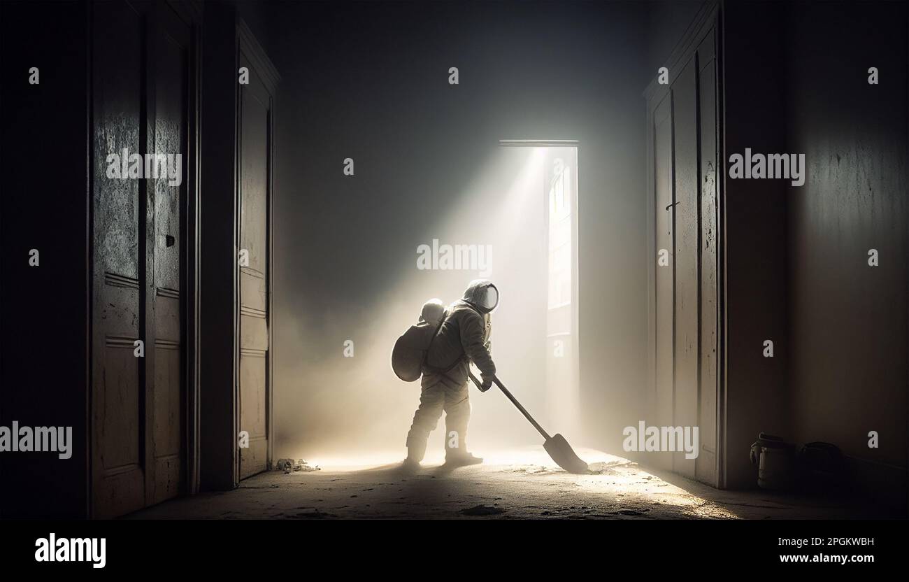 Dramatic scene of a scientist cleaning an old, dusty, empty room with ...