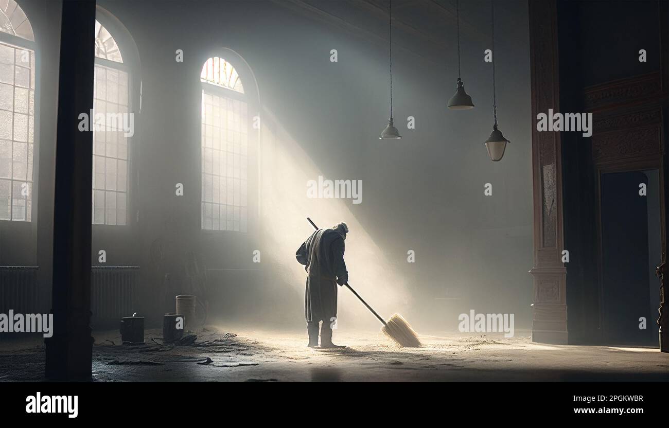 Dramatic scene of a lonely elderly man cleaning an old, dusty, empty ...