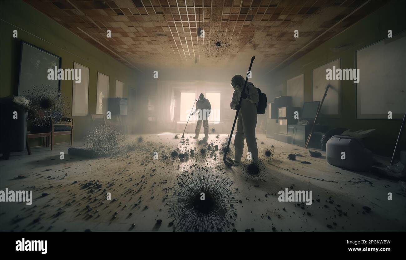 Dramatic scene of a scientist cleaning an old, dusty, empty room with ...