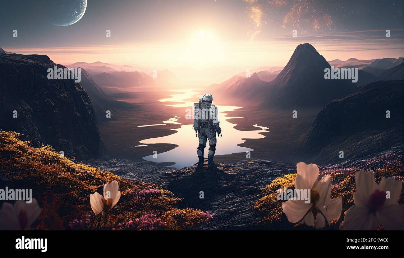 An astronaut on a new planet with a beautiful landscape with mountains ...