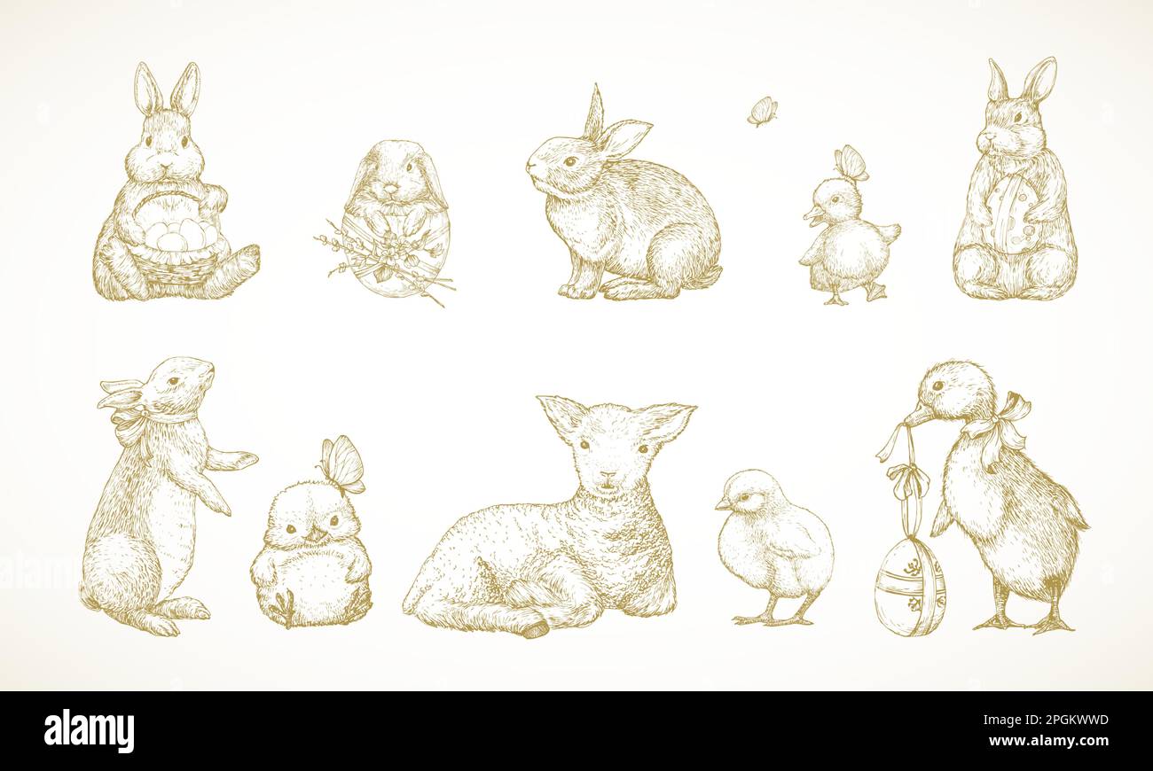 Hand Drawn Cute Easter AnimalsVector Illustrations Set. Little Rabbits ...