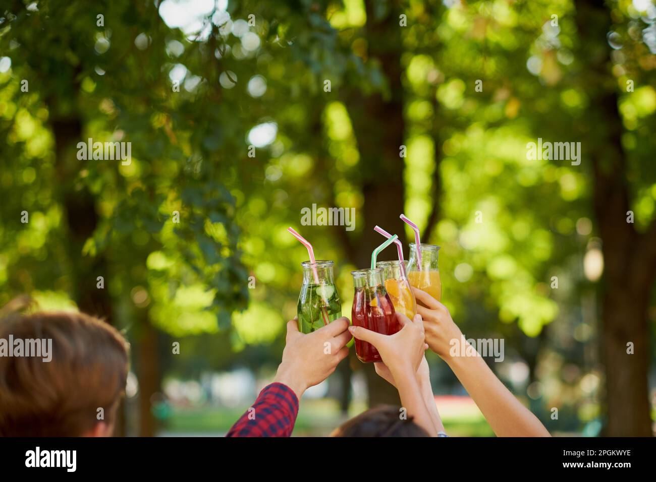 Group do cheers with detox juice cocktails Stock Photo - Alamy