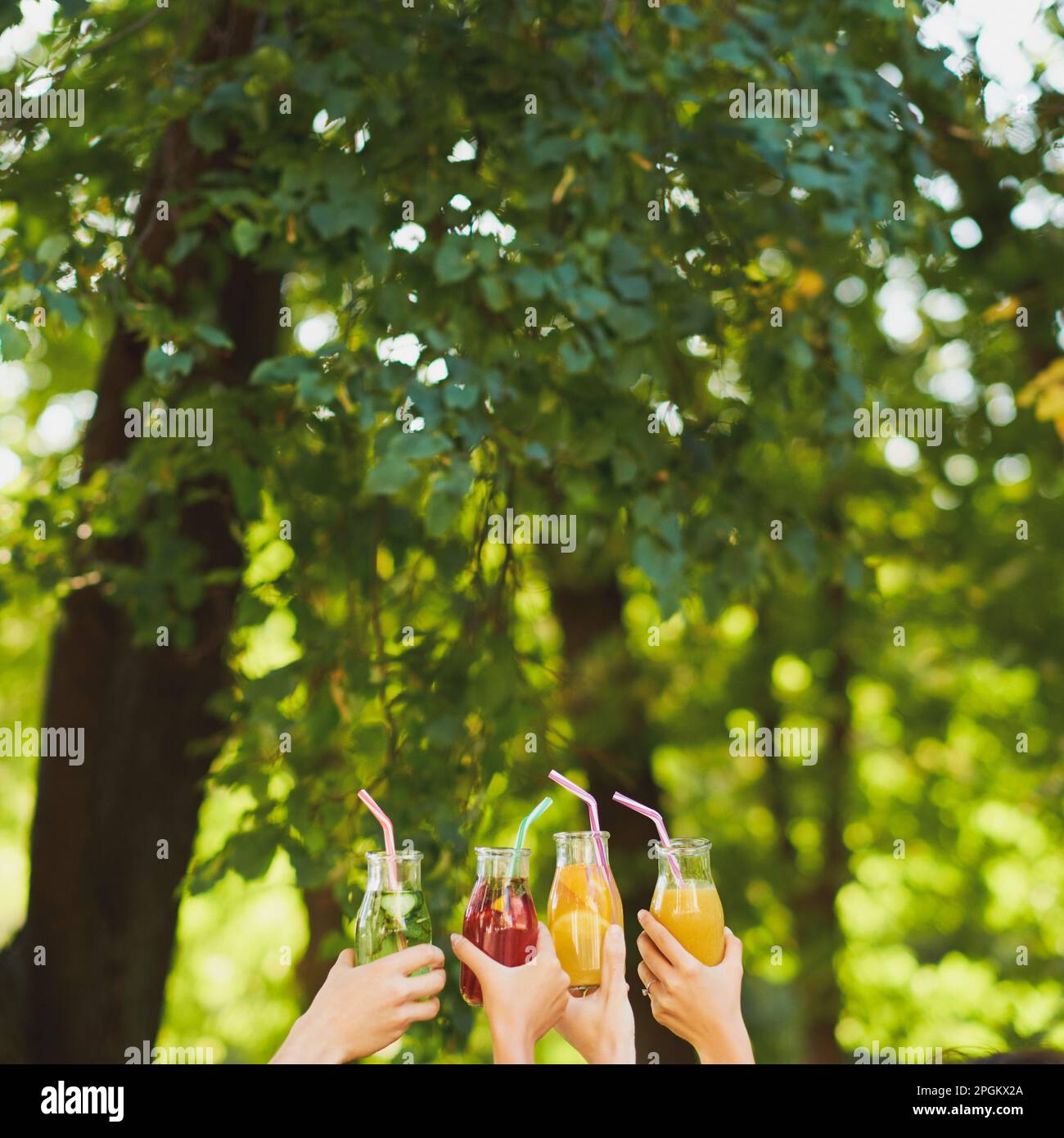 Group do cheers with detox juice cocktails Stock Photo - Alamy