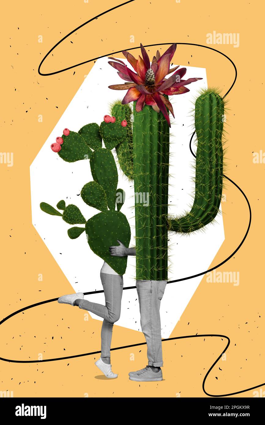 Creative strange image collage of affectionate people with tropical ...