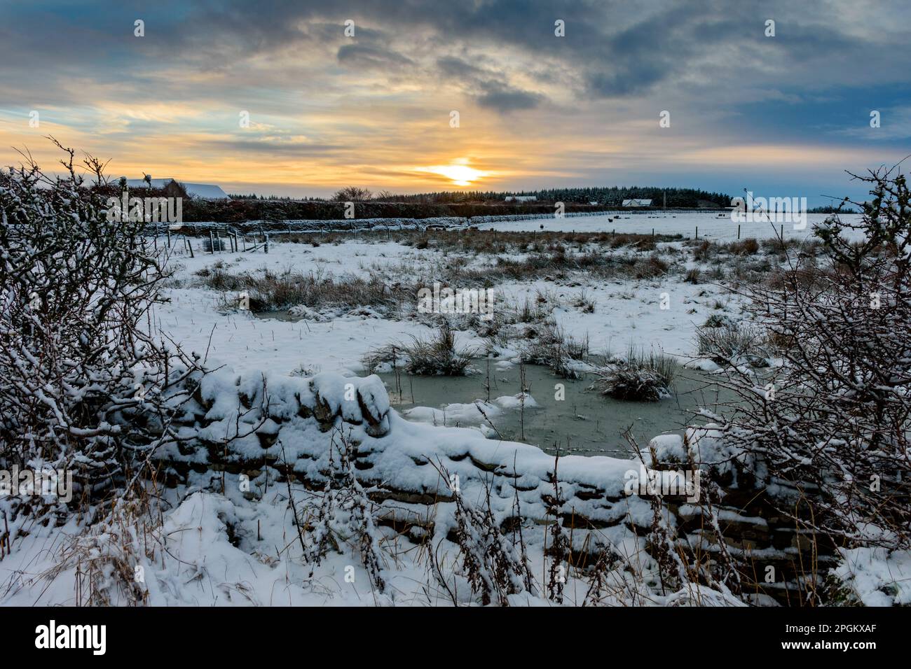 The sun rising over a snow and ice covered field. At the village of Mey ...