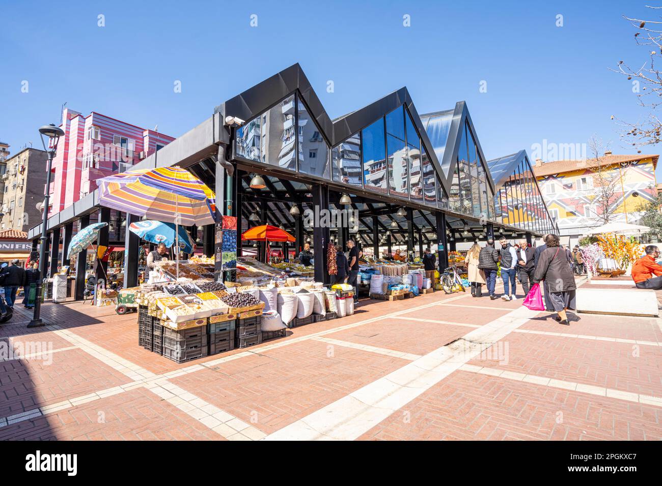 Tirana, Albania. March 2023. view of the stalls in the covered market ...