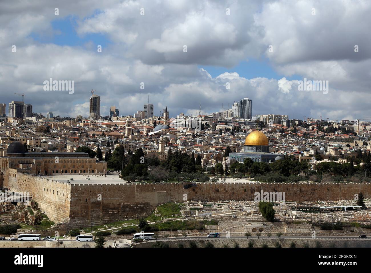 Panorama of old walled city of Jerusalem with the Dome of the Rock ...