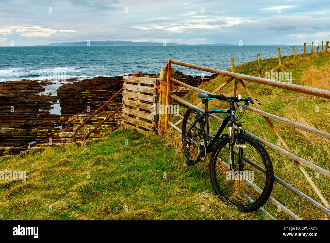 Island of Hoy, Orkney, over the Pentland Firth, from a field gate near ...