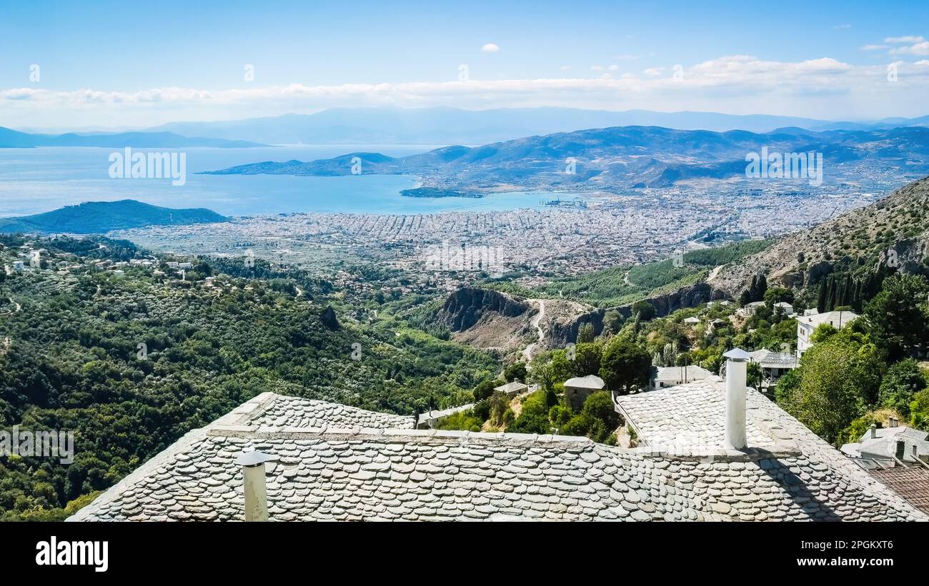Panoramic view from Pelio mountain to port of Volos city Thessaly ...
