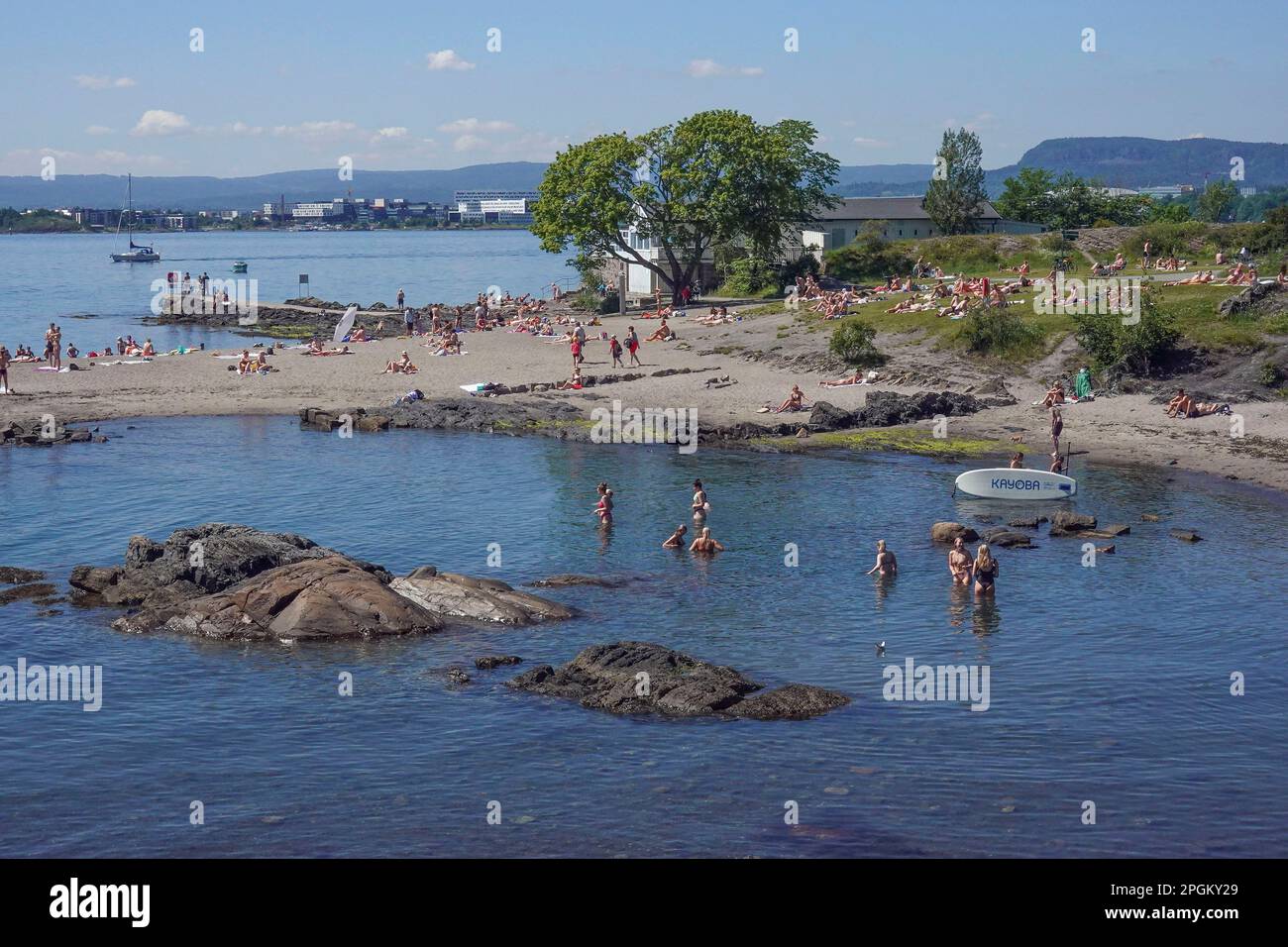 Norway, Oslo, The small, but pretty beach of Huk sits towards the end ...