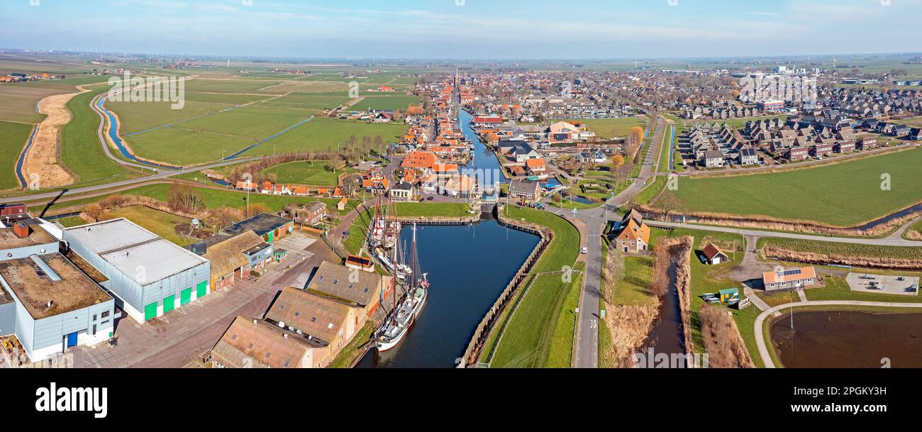 Aerial panorama from the historical town Workum in Friesland the ...