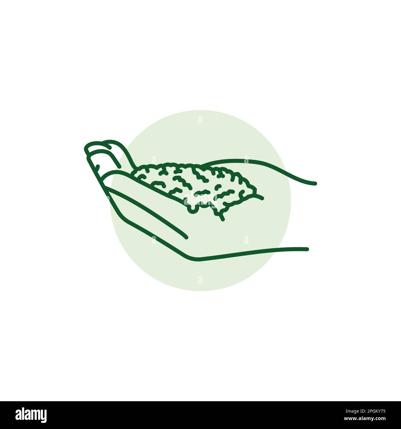 Hand holding polymer granules black line icon. Ecology pollution ...