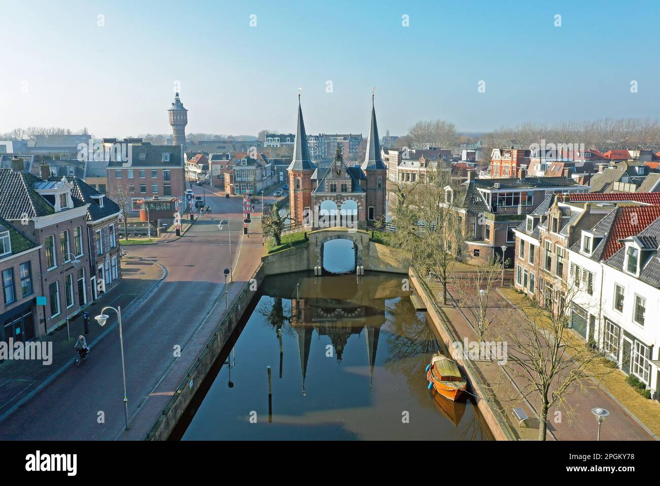 Aerial from the city center from Sneek in Friesland with the watergate ...