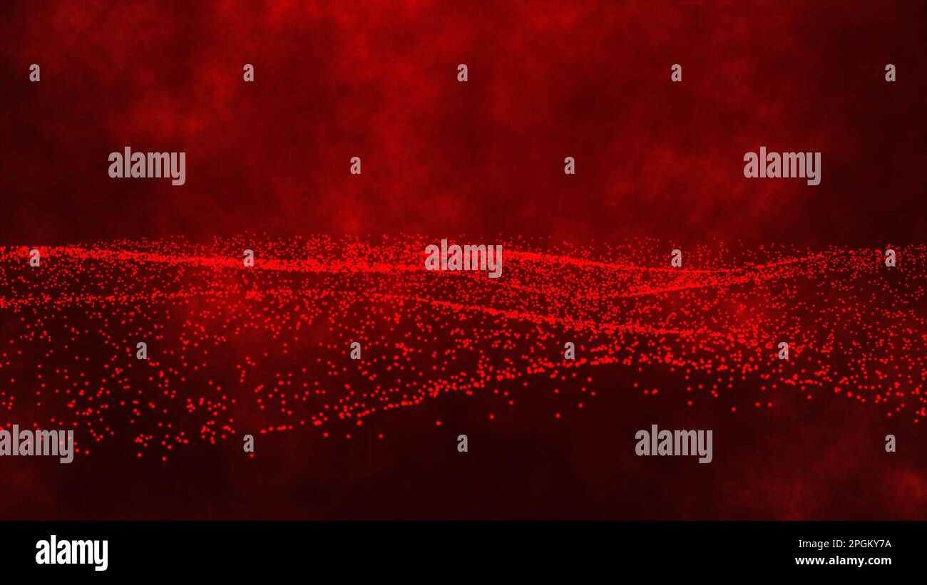 Futuristic red dots and smoke particles flowing wavy. Abstract red with dust particle on the ...