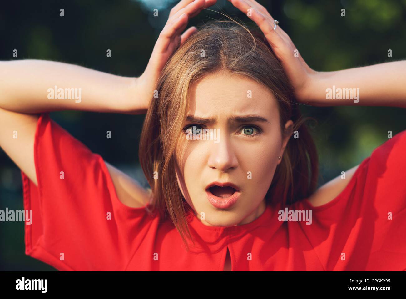 Bad surprise expression. Woman in troubles Stock Photo - Alamy