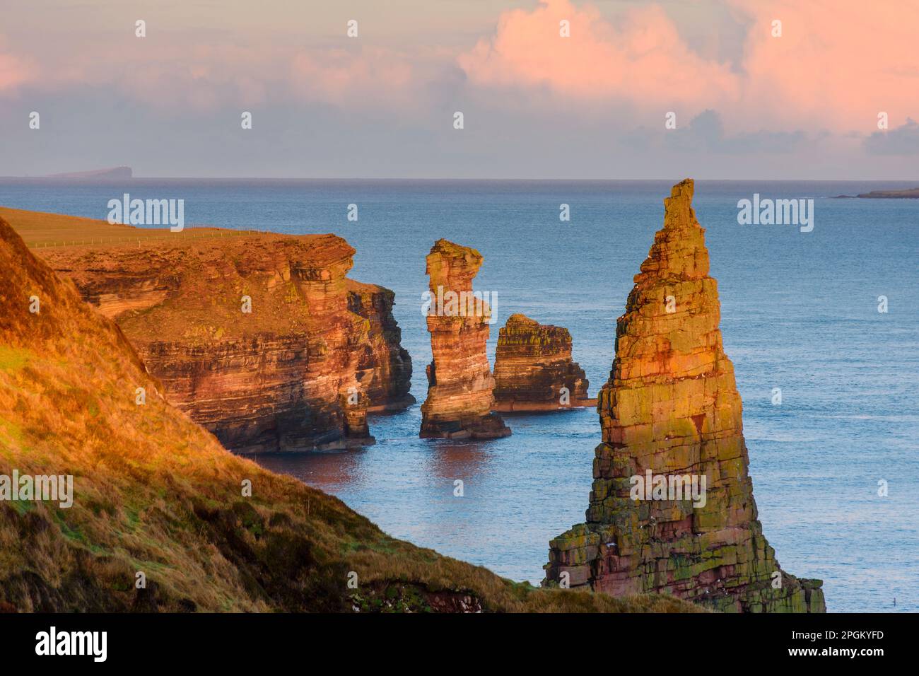The Knee sea stack (centre) off Duncansby Head at sunset, from the ...