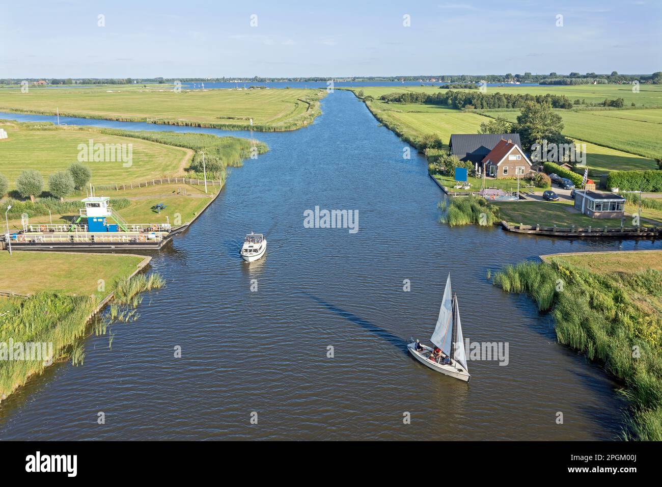 Aerial at the Langwarder Ferry in Friesland the Netherlands with ...