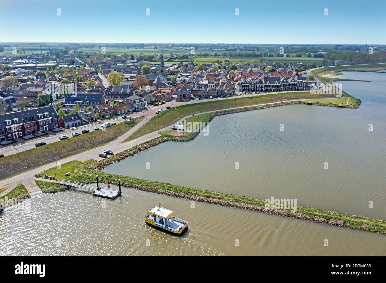 Aerial from the village Ameide at the river Lek in the Netherlands ...