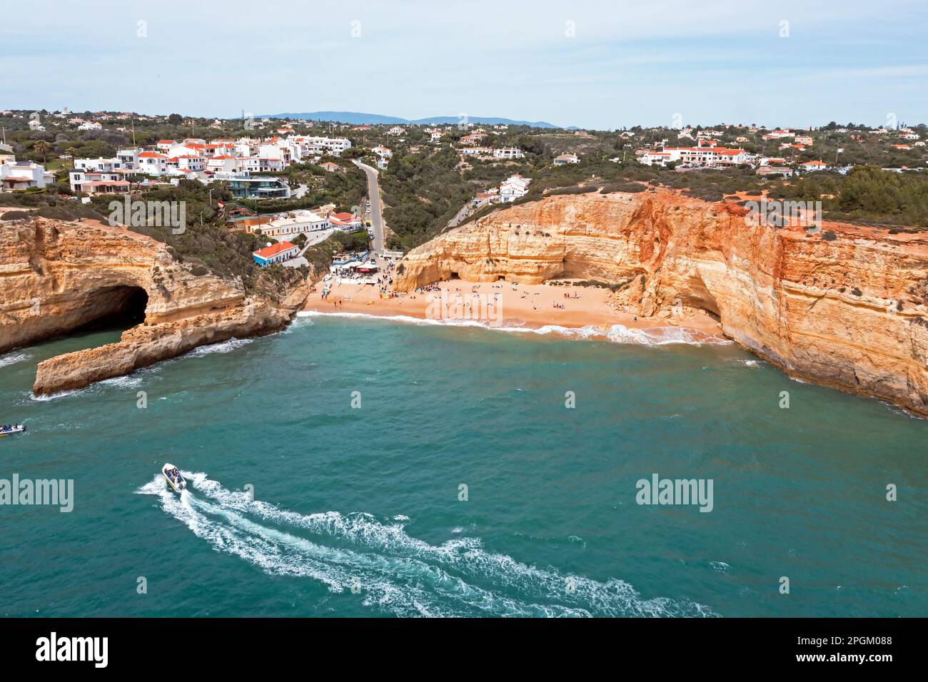 Aerial from the rocky south coast at Benagil in the Algarve Portugal ...
