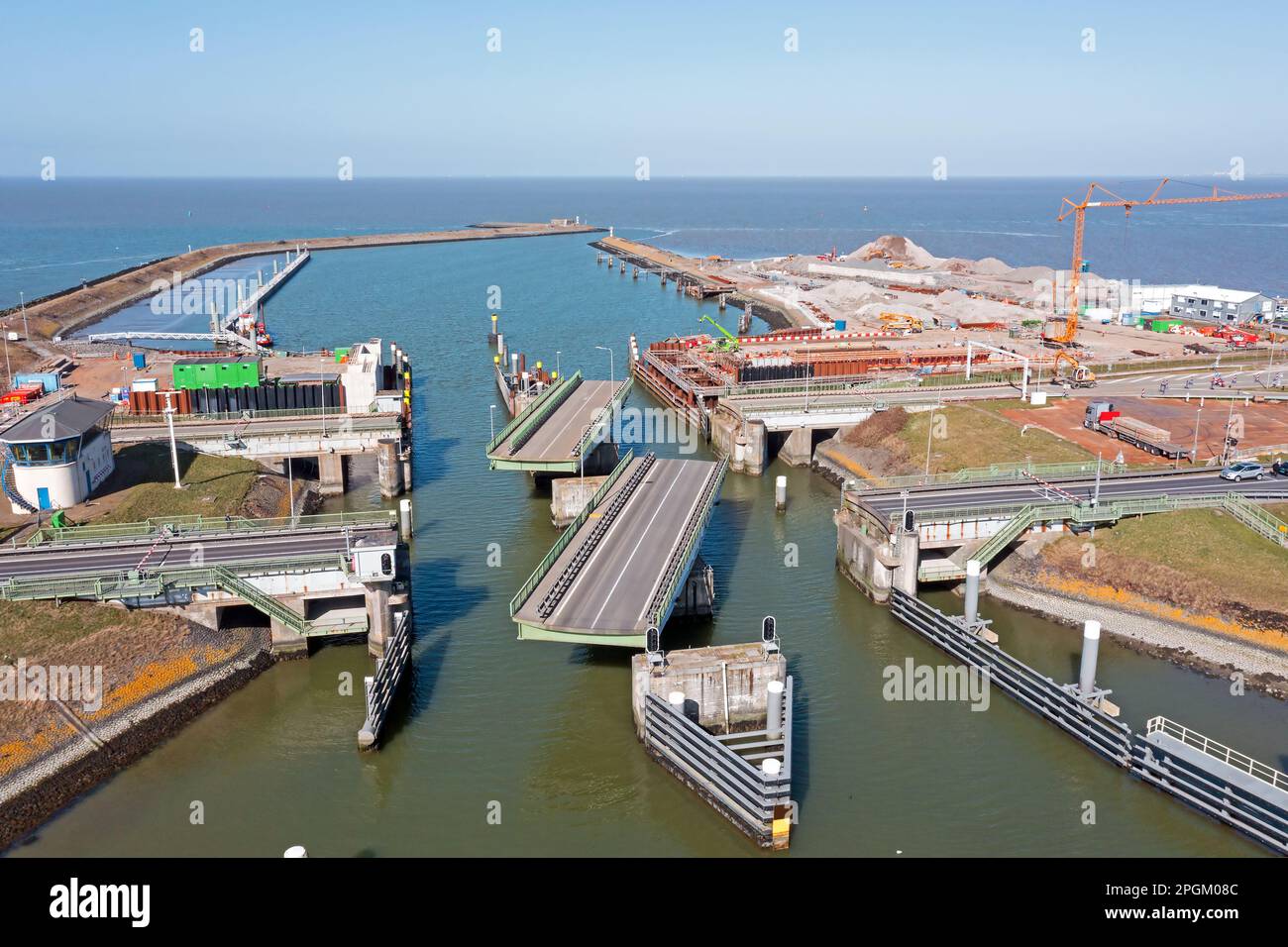 Aerial from a rotating bridge at the Afsluitdijk in the Netherlands ...