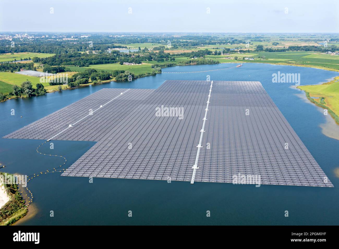 Aerial view from solar panels on a lake in the countryside from the ...
