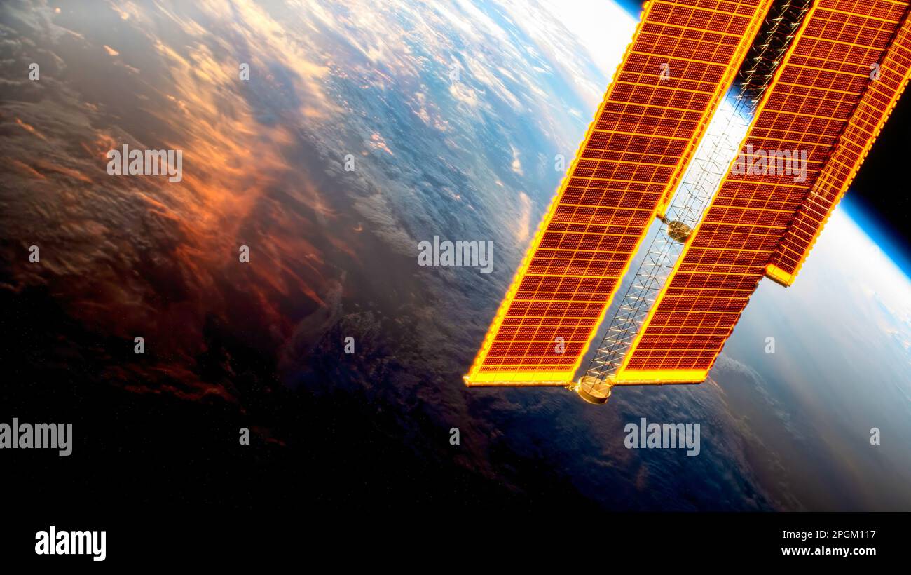 Planet Earth Sunlight Reflection, Solar Panel ISS. Digital Enhancement ...