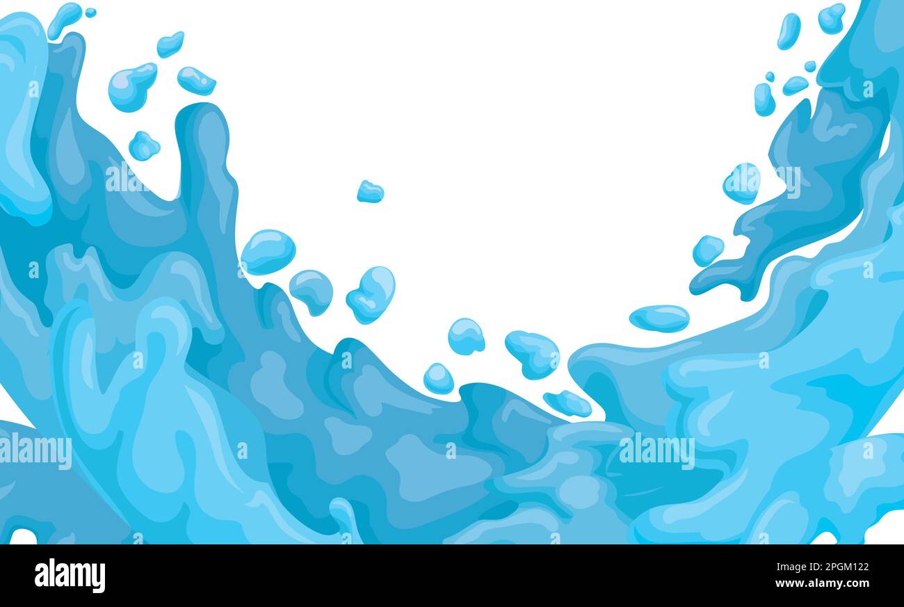 Abundant stream with splashes and drops of water. Blue liquid in ...