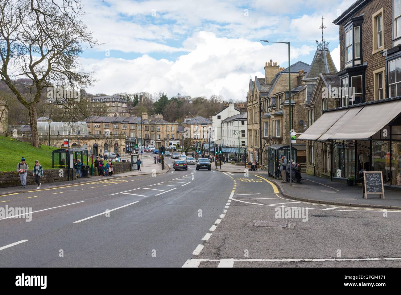 Shops on Terrace Road in the Peak District town of Buxton, Derbyshire ...
