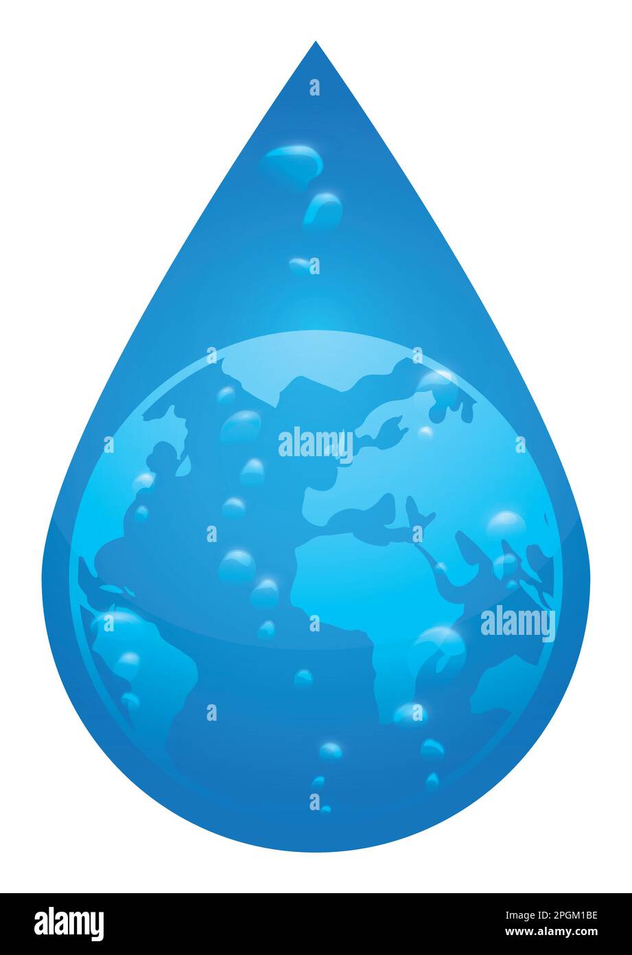 Isolated blue water drop with some rising bubbles and globe silhouette ...