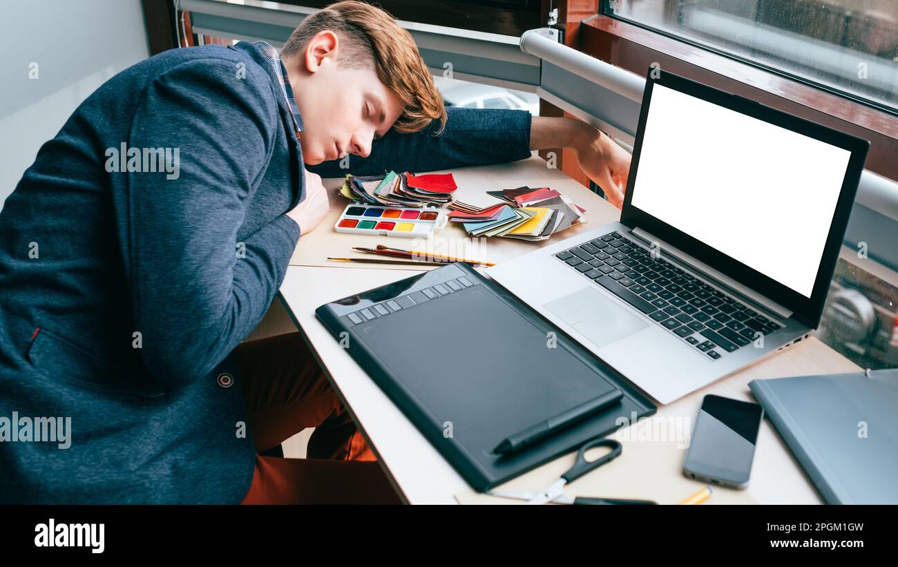 overworking exhausted designer sleep work planning Stock Photo - Alamy